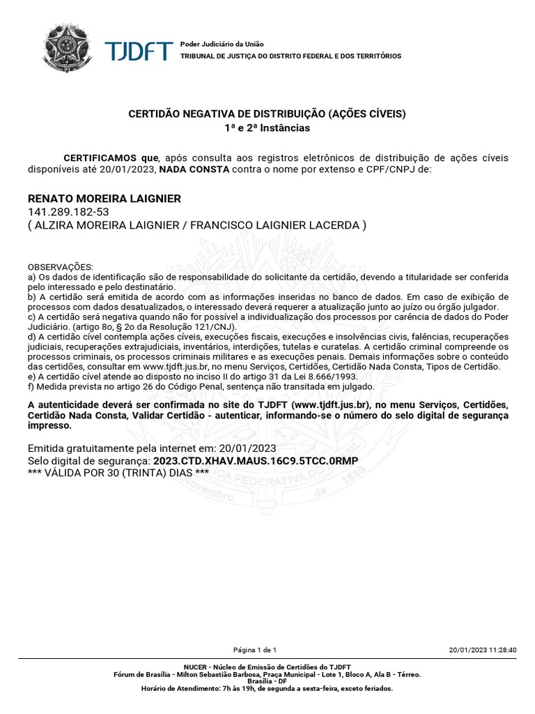 Certidão Negativa de Distribuição TJDFT | PDF