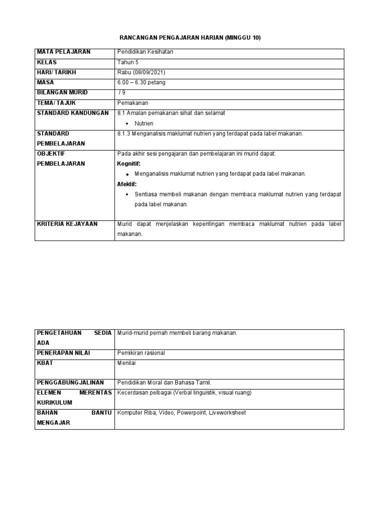 RPH PK Tahun 5 M10 08.09.21 | PDF