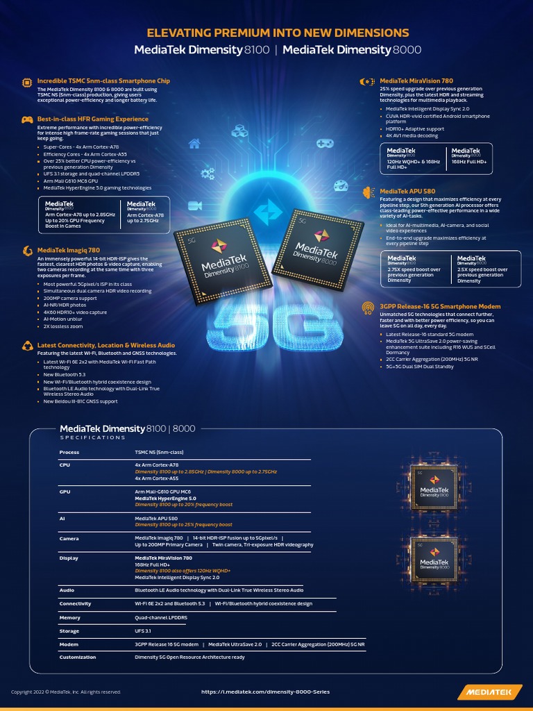 MediaTek Dimensity 8100 8000 Infographic | PDF | Wi Fi | Bluetooth