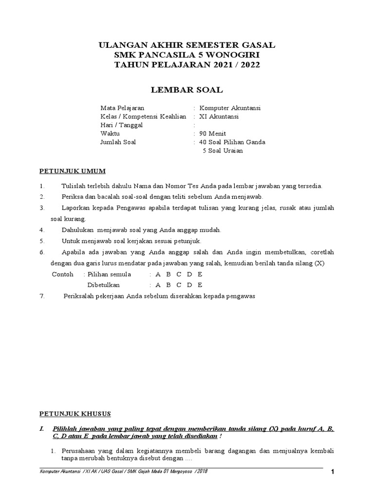 Soal UAS Kompak XI | PDF | Bisnis | Pengelolaan Keuangan & Uang