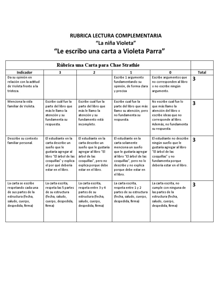 Rúbrica Carta Al Autor La Niña Violeta | PDF | Artes del Lenguaje y ...