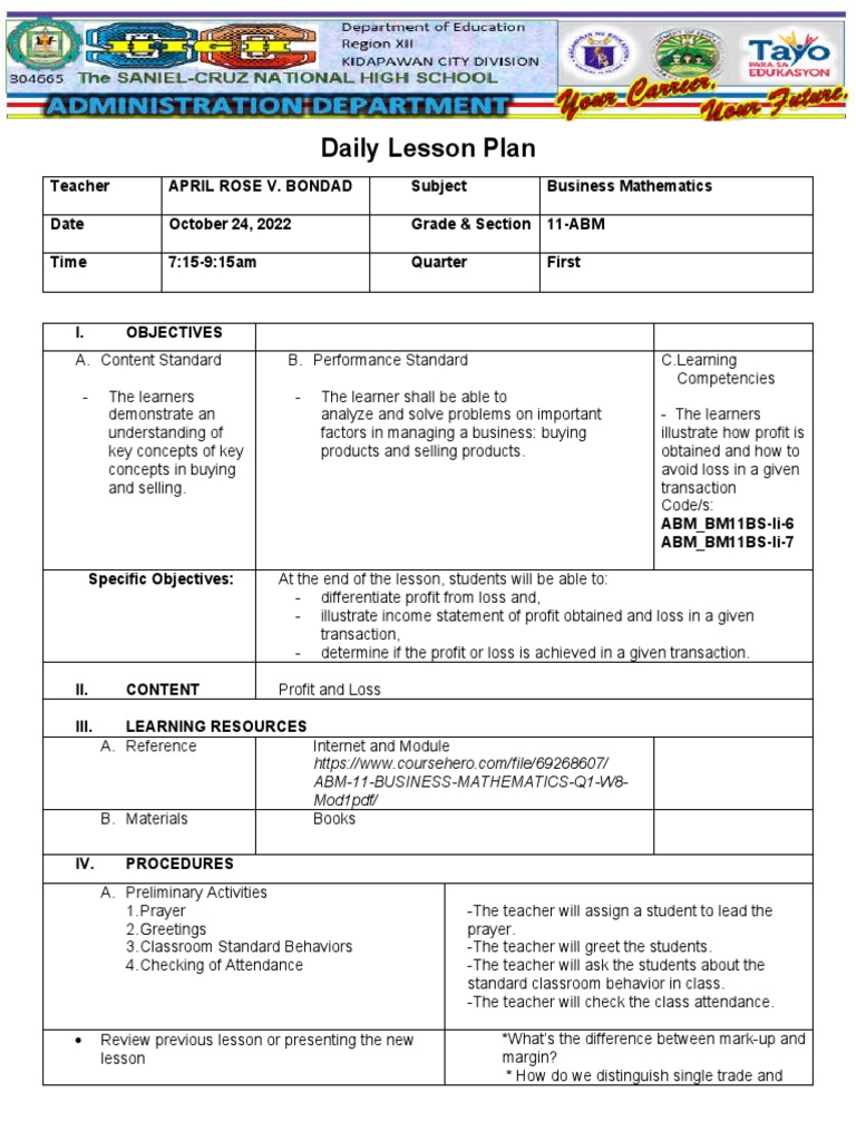 Daily Lesson Plan: Abm-11-Business-Mathematics-Q1-W8-Mod1pdf | PDF ...