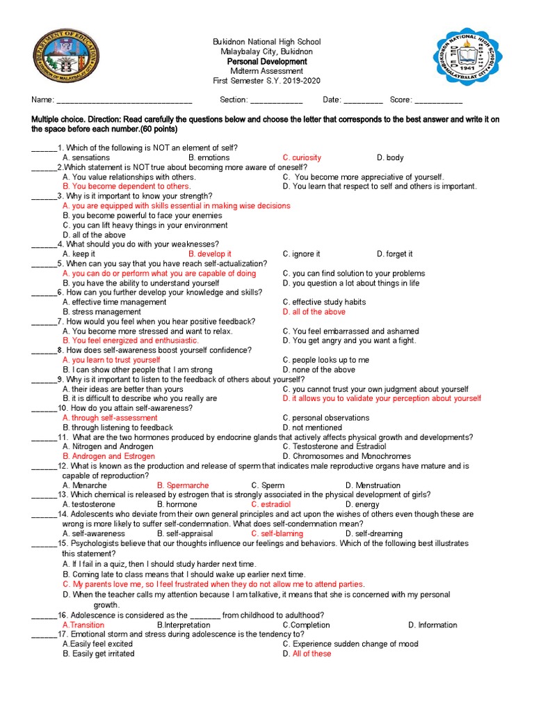PERDEV - Midterm 2019 2020 Answer Key 1 | PDF | Adolescence | Cognition PERDEV - Midterm 2019 2020 Answer Key 1 | PDF | Adolescence | Cognition