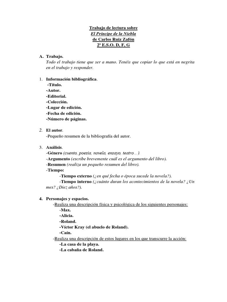 Trabajo Sobre El Principe de La Niebla | PDF | Libros para adolescentes ...
