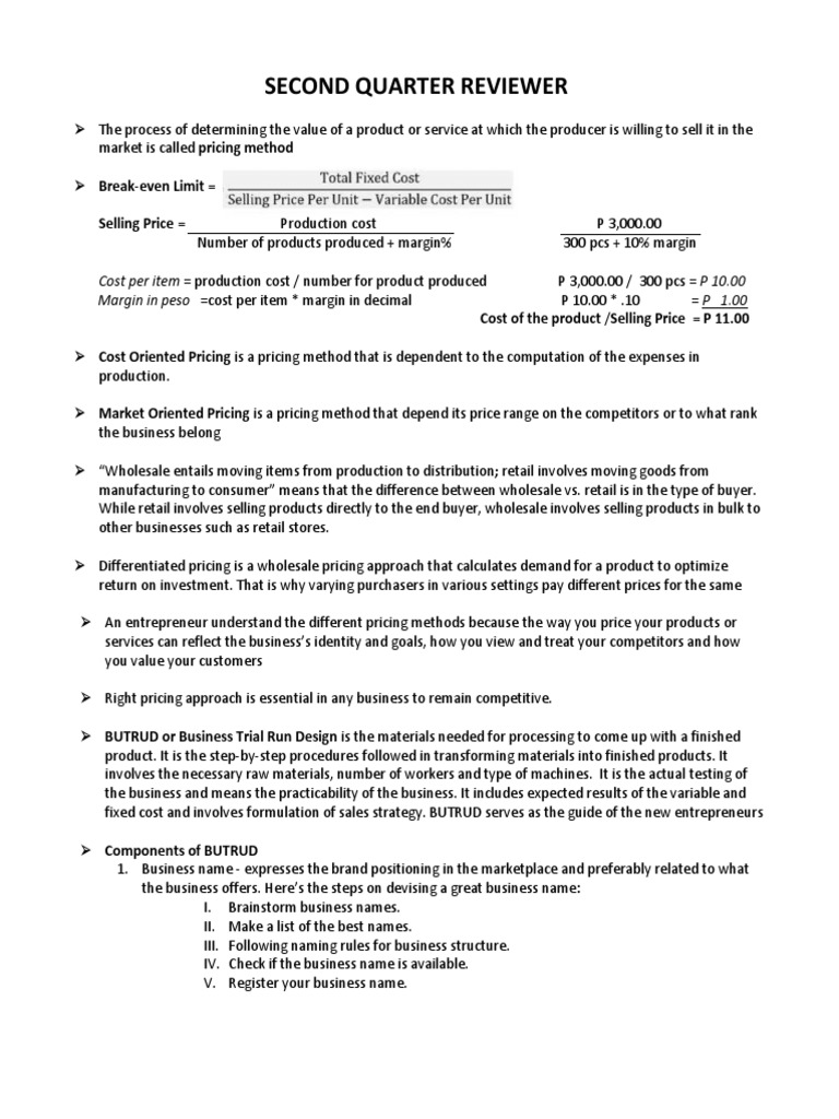 Entrepreneur Second Quarter Reviewer | PDF | Sales | Pricing