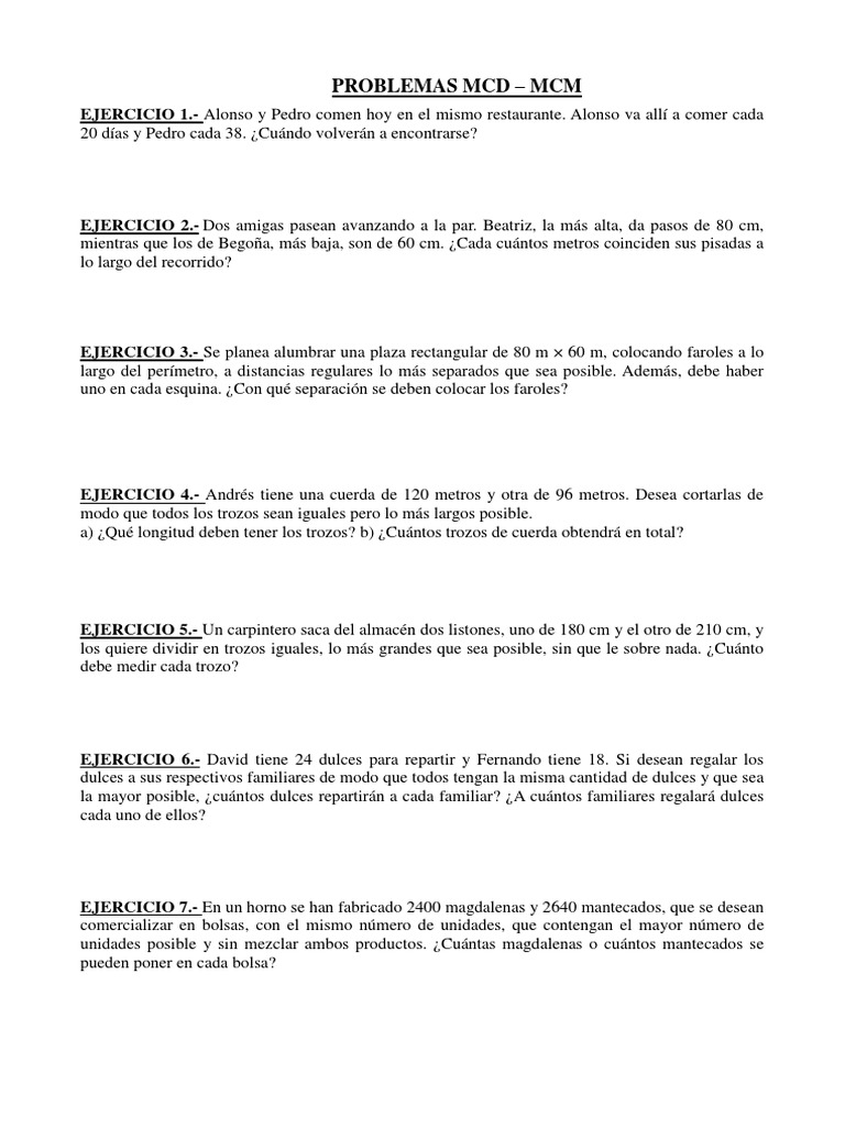 Problemas de MCD y MCM Resueltos | PDF | Hogar, jardinería y bricolaje ...