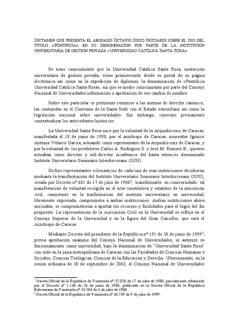 Dictamen Sobre El Uso Del Título Pontificia Por Parte De La Ucsar Pdf Universidad Iglesia