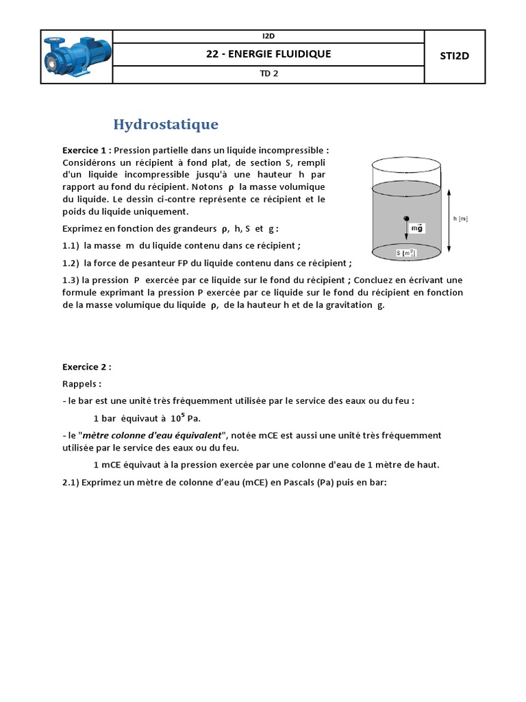Hydrostatique et Hydrodynamique : Exercices et Applications | PDF | Pression | Pompe