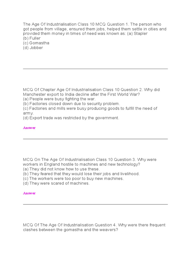Class 10 MCQs on Industrialisation | PDF | Industrial Revolution ...
