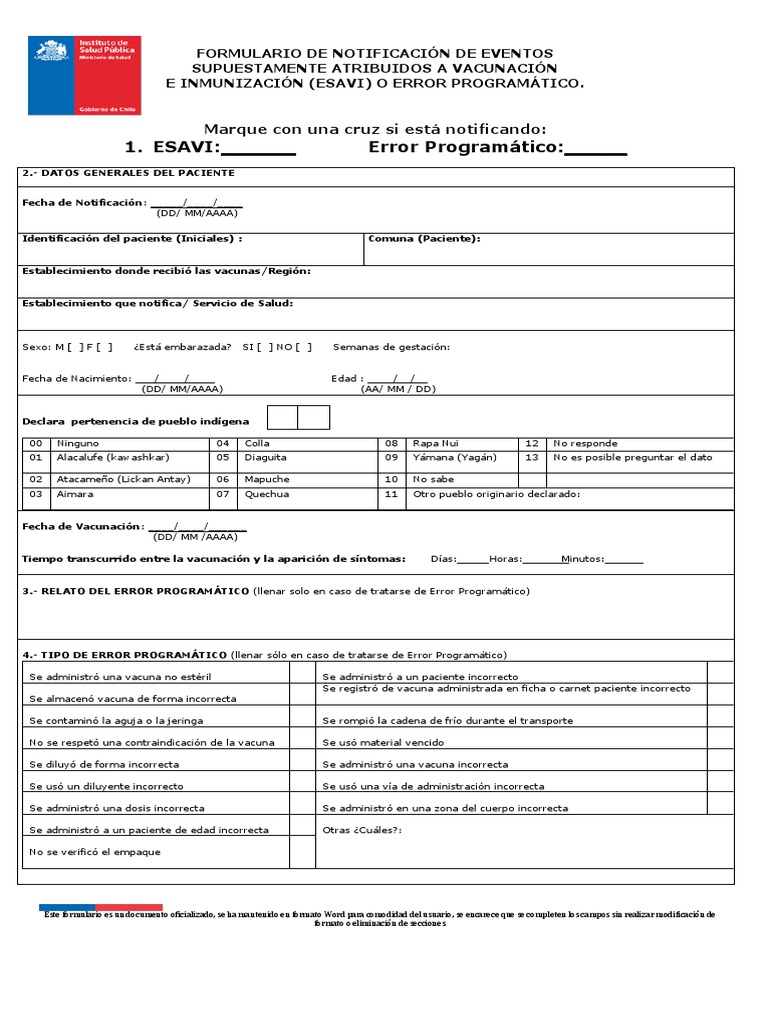 Formulario ESAVI EPRO 2015 | PDF | Vacunas | Medicina CLINICA