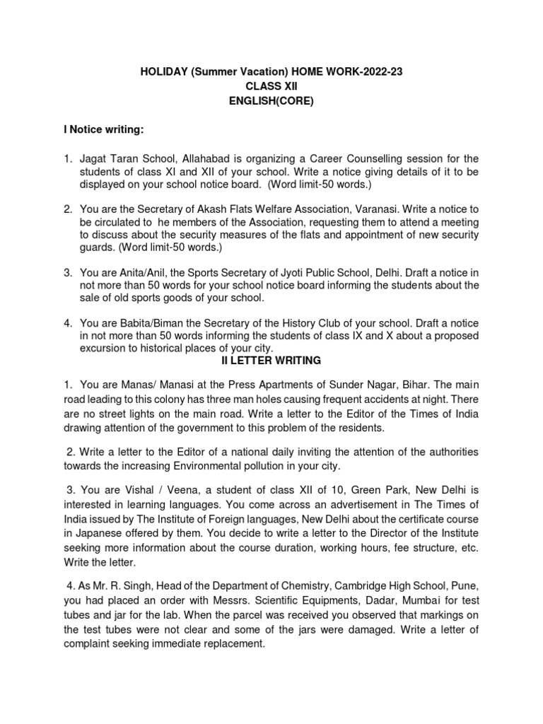 Xii English Holiday Homework Pdf