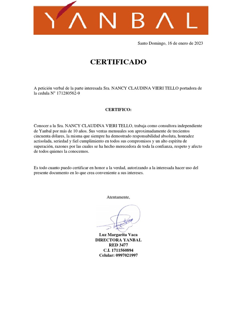 Certificado de Honorabilidad de Nancy Tello | PDF