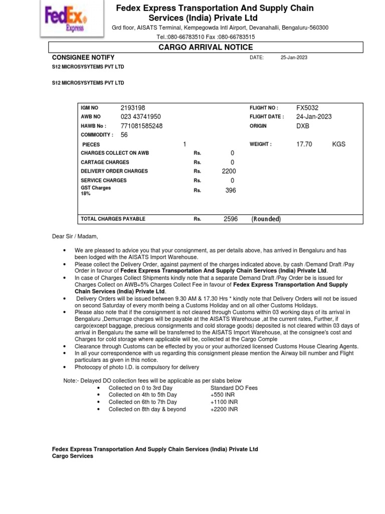 Cargo Arrival Notice: Consignee Notify | PDF | Finance & Money Management