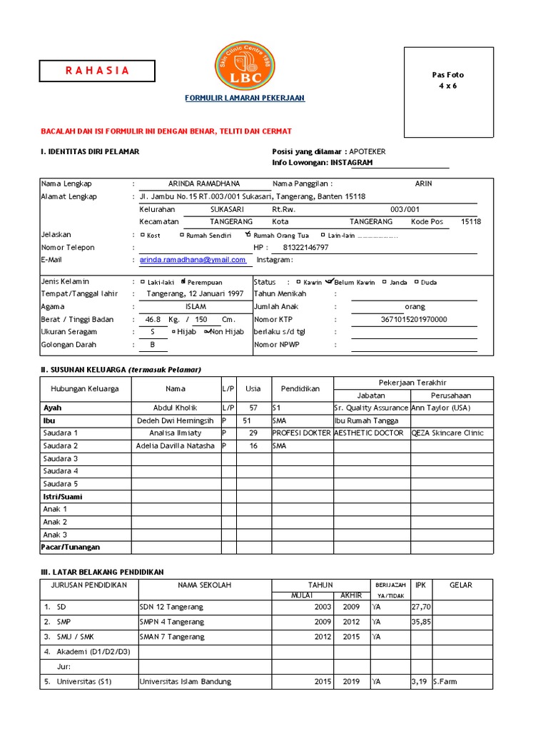 FORM IDENTITAS CALON KARYAWAN LBC - Revisi | PDF