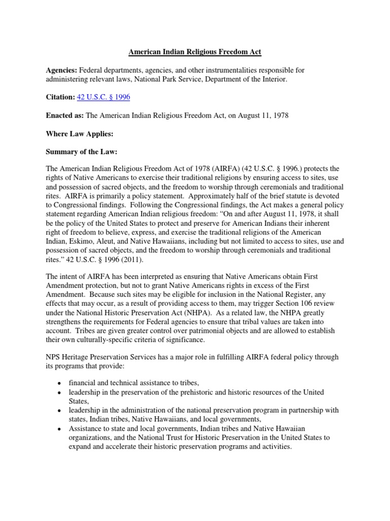 Summary of Law - American Indian Religious Freedom Act | PDF | The ...