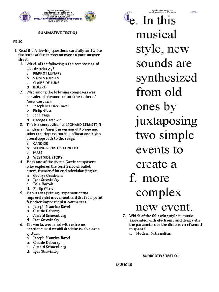 SUMMATIVE TEST Q1 Music and Arts | PDF | Opera | Performing Arts