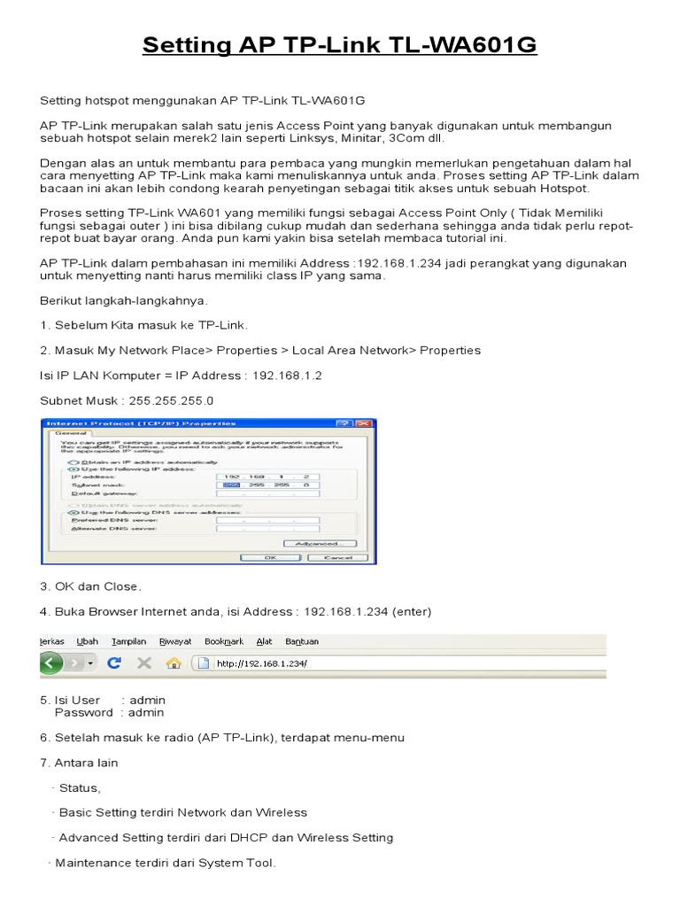 Cara Setting AP TP (TPLINK-Wifi - TL-WA601G) | PDF