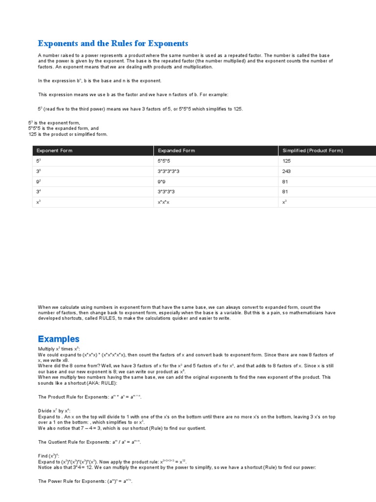 Exponents and The Rules For Exponents | PDF | Multiplication | Exponentiation