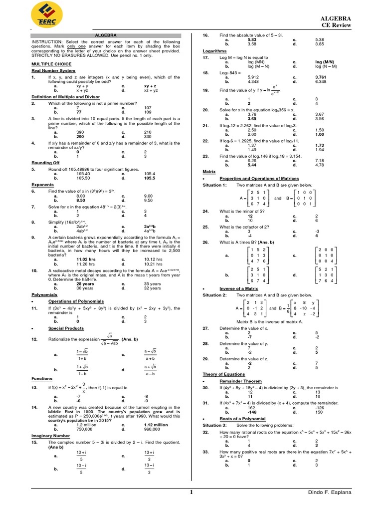Algebra Review and Problem Solving | PDF | Equations | Logarithm