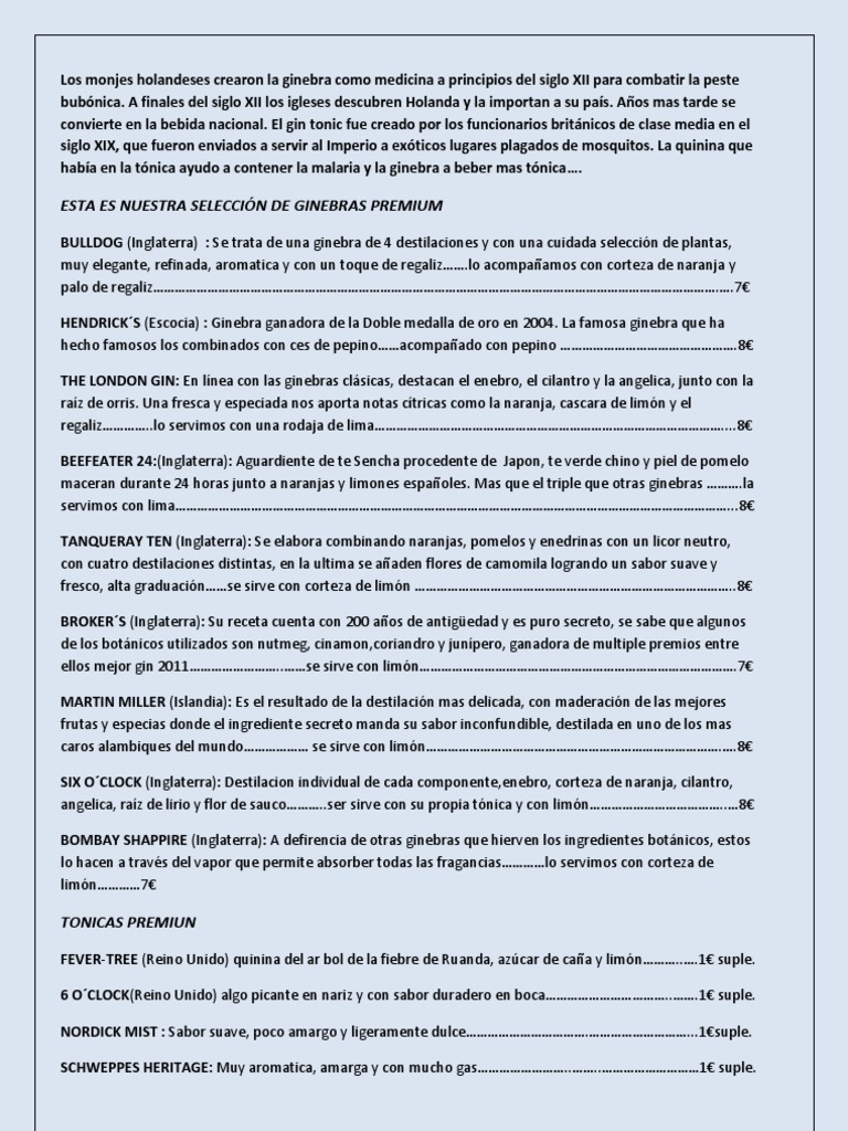 Carta Gin Tonics | PDF | Ginebra | Bebida
