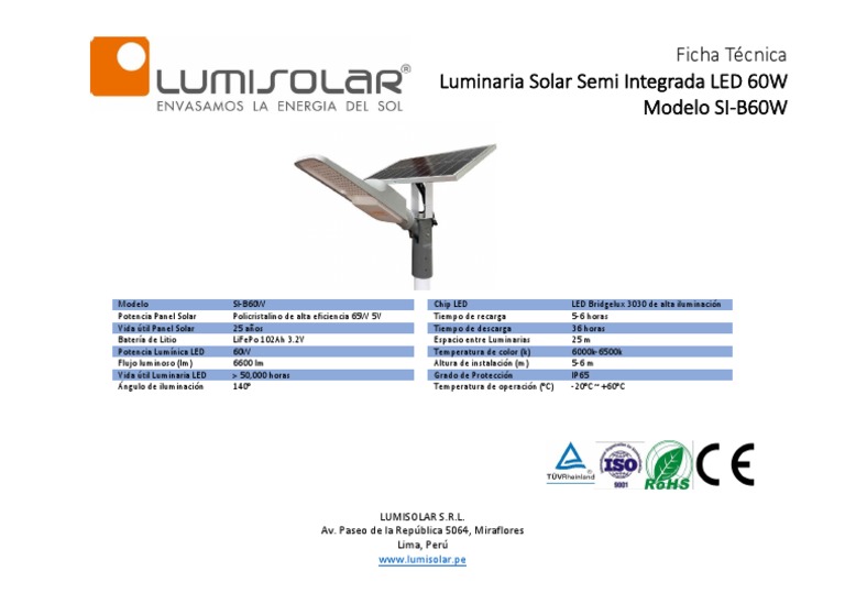 LUMISOLAR Ficha Técnica Luminaria Solar Semi Integrada LED 60W (Modelo ...