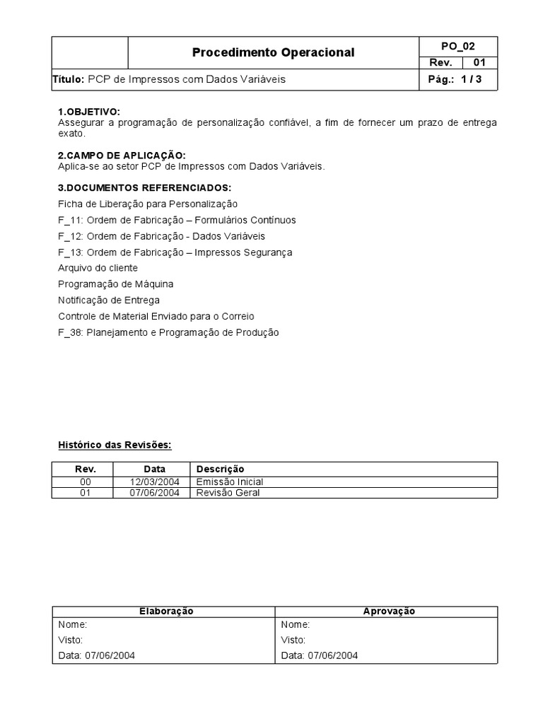 PO - 02 MODELO DE PROCEDIMENTO - PCP Impressos Dados Variavéis | PDF | Logística | Informática