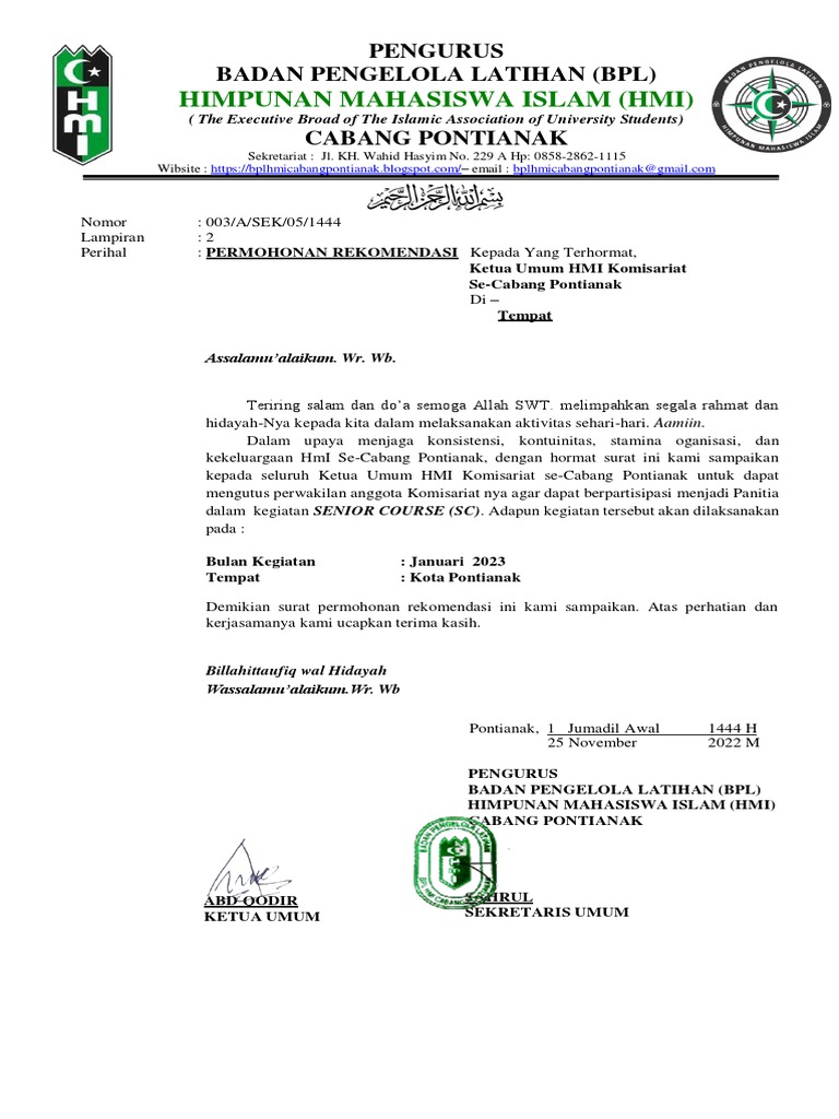 003 Surat Permohonan Rekomendasi Panitia | PDF