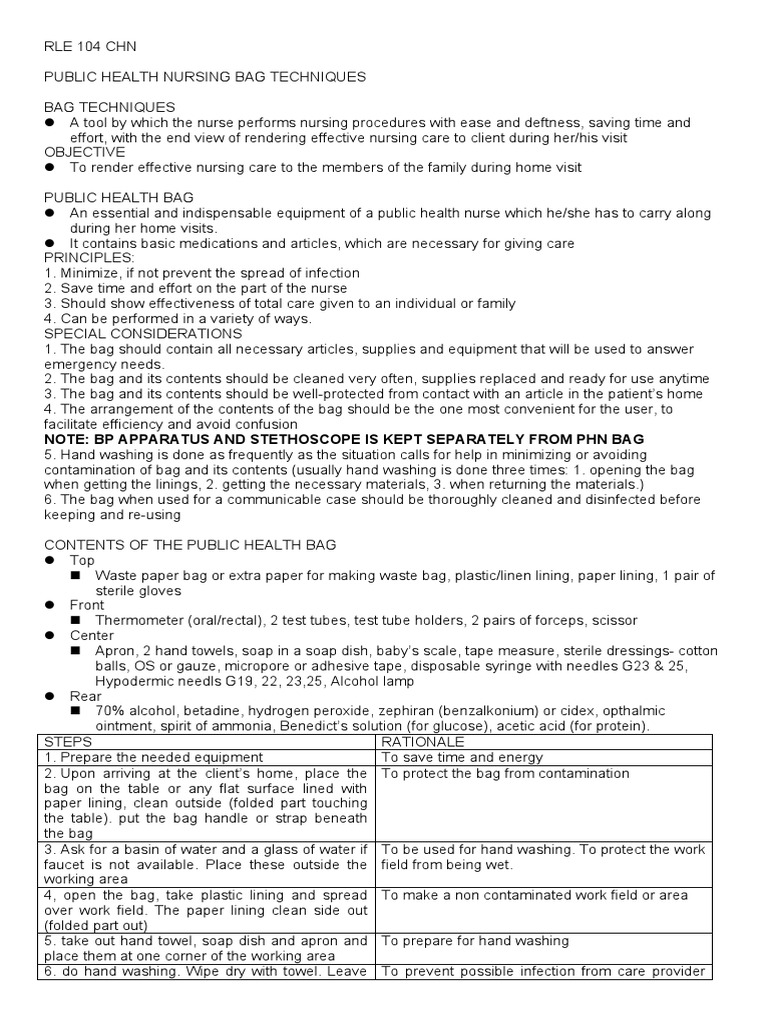 PHN Bag Technique Notes | PDF | Hand Washing | Medical Specialties