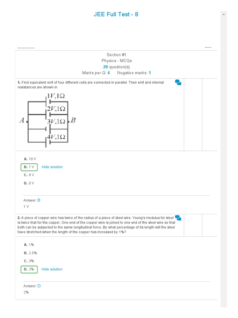 JEE Full Test - 8 | PDF | Rotation Around A Fixed Axis | Quantity