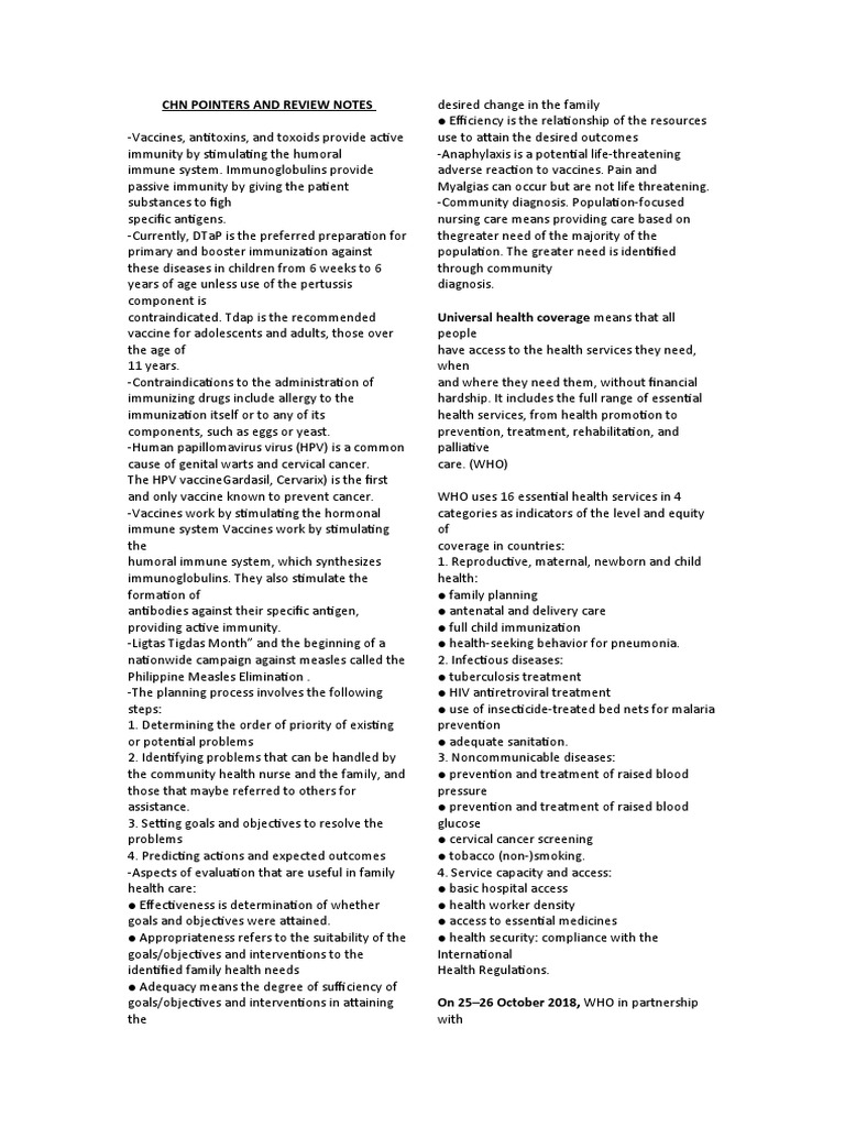 CHN Rle Pointers and Review Notes | PDF | Vaccines | Preventive Healthcare