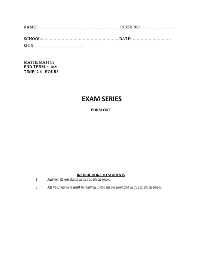 Form 1 Mathematics Exam Paper 2021 | PDF | Numbers | Mathematical Concepts
