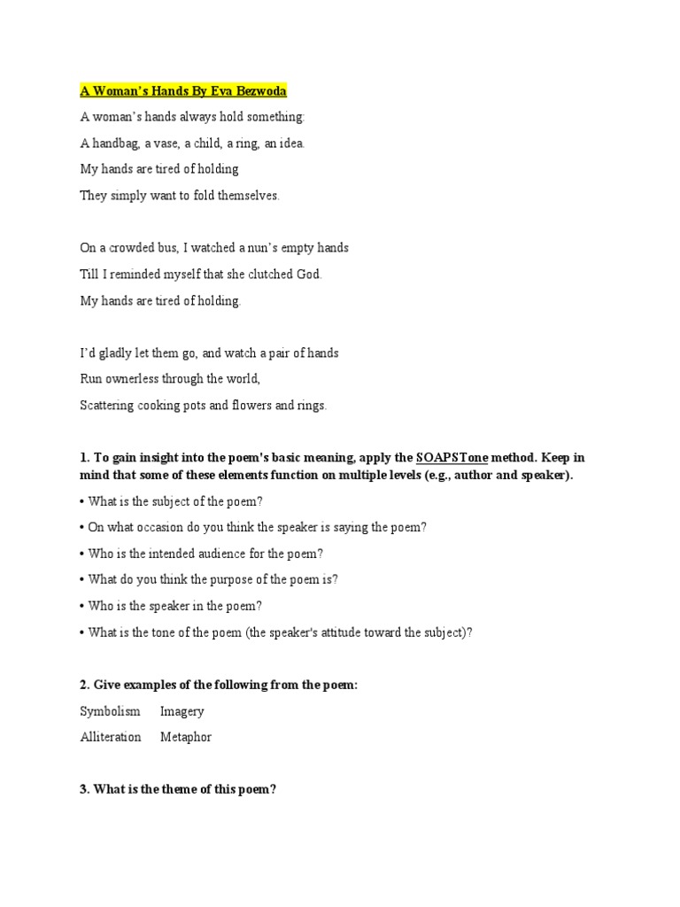 Analysis of "A Woman’s Hands" Poem | PDF | Poetry | General Fiction