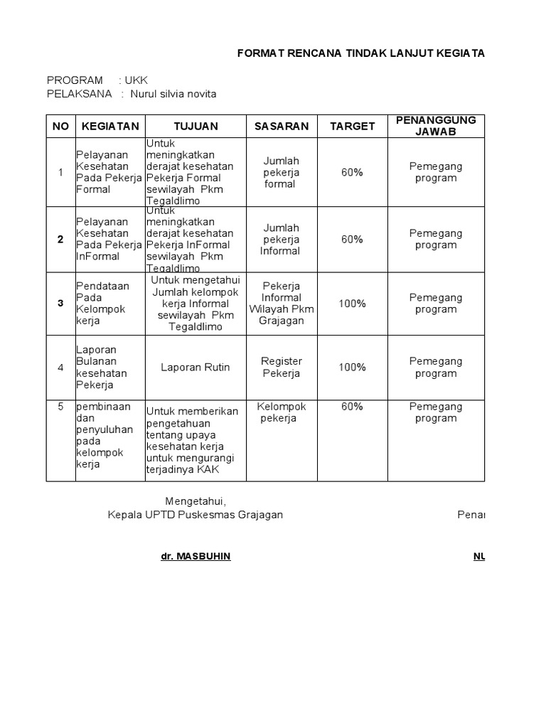 Format Rencana Tindak Lanjut Kegiatan (RTL) | PDF