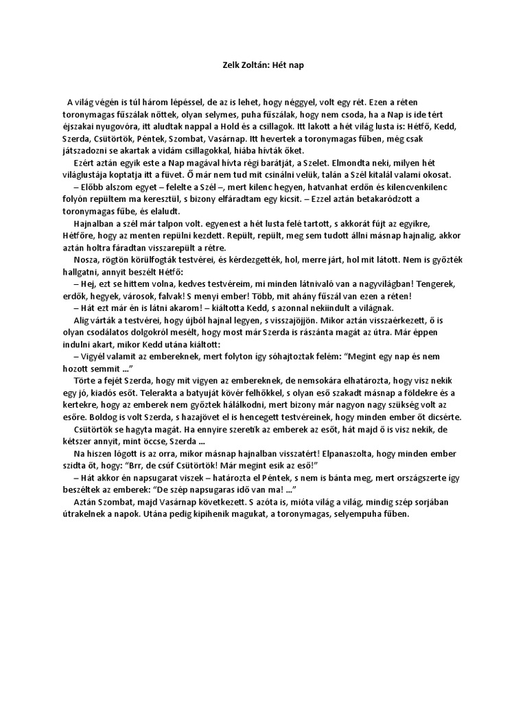 Zelk Zoltán Hét Napjai Mese | PDF