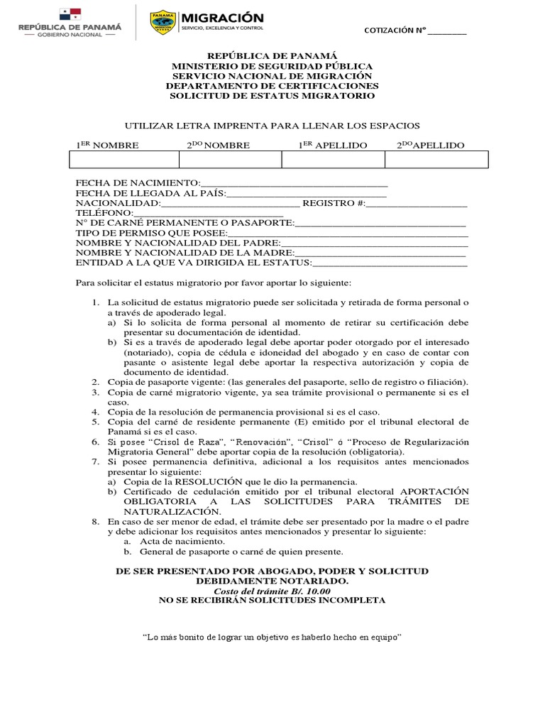 Formato de Estatus Migratorio | PDF | Gobierno y personalidad | Gobierno