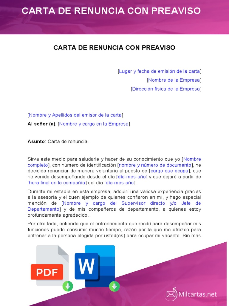 Carta de Renuncia Con Preaviso | PDF