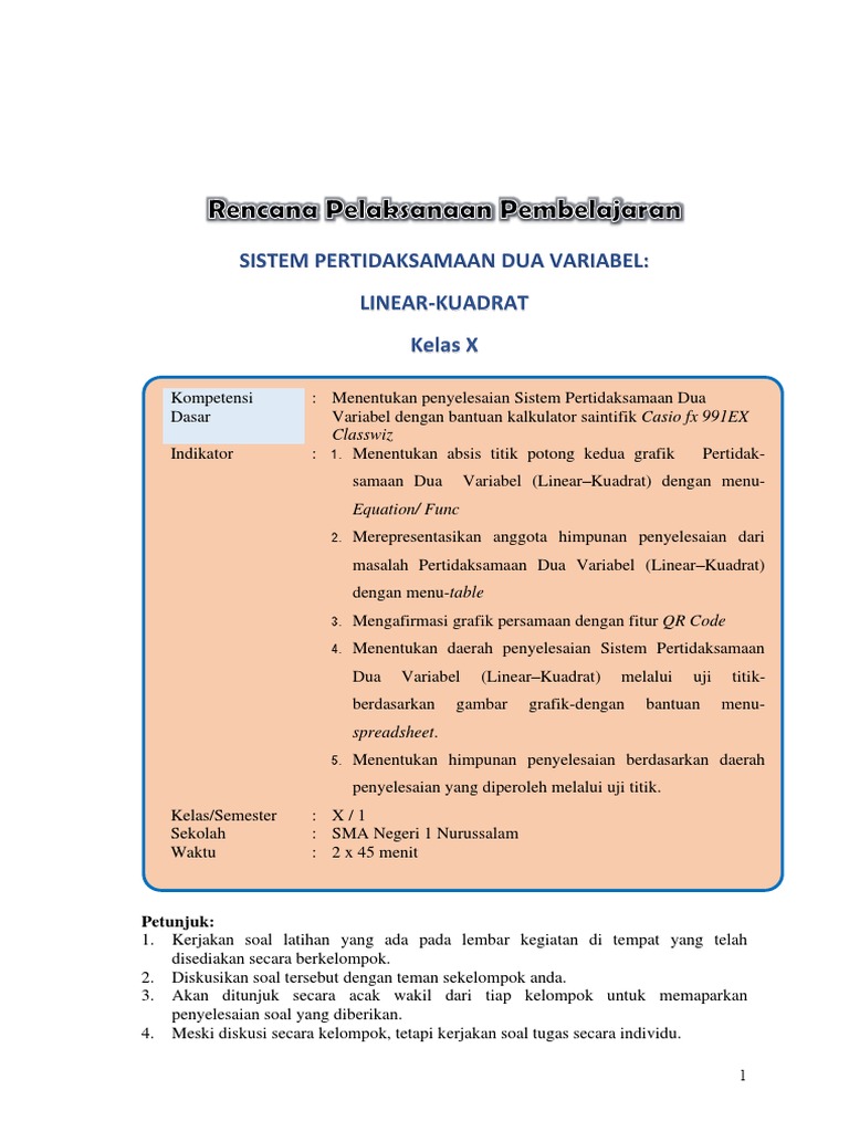 RPP Linear Kuadrat | PDF