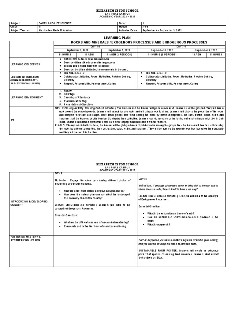 Module 3-4-5 ELS Minerals and Rocks Exogenous Endogenous Processes | PDF | Rock (Geology) | Learning