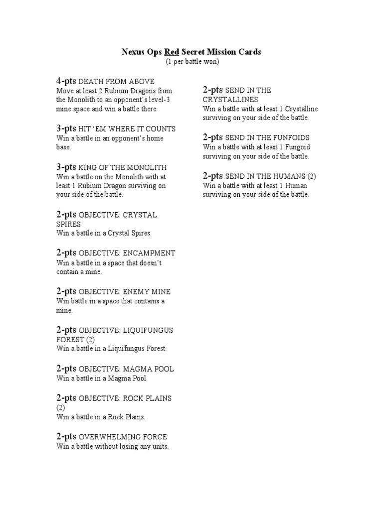 Nexus Ops Secret Mission Cards | PDF | Crystal