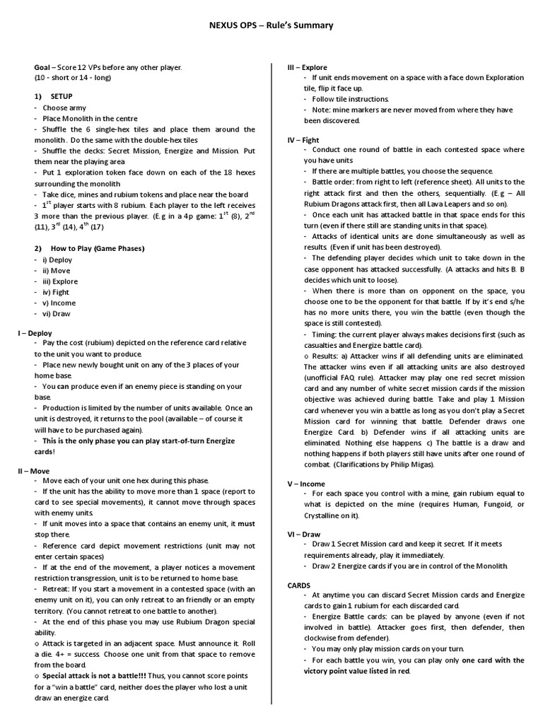 Nexus Ops - Rules Summary v1.2 (Errata and Clarifications) | PDF | Toys ...
