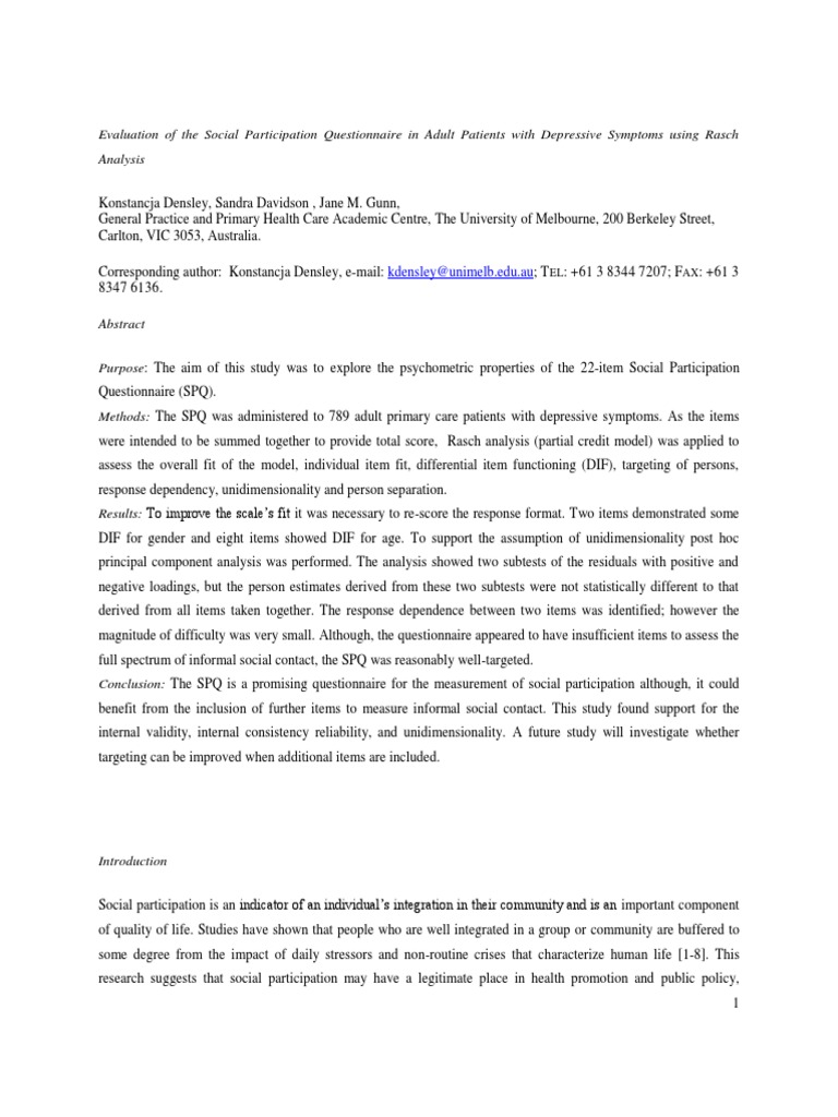 Assessing The Psychometric Properties Of The Social Participation
