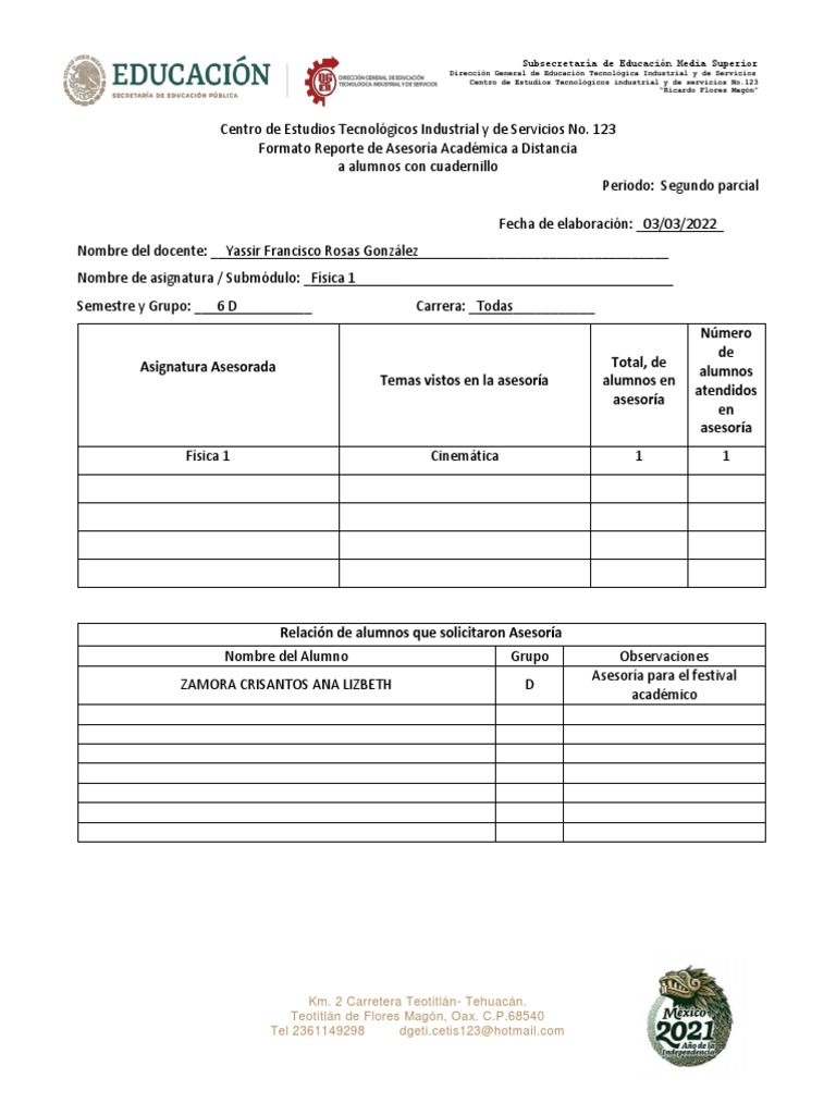 3. Formato de Reporte de Asesoria a Alumnos | PDF 3. Formato de Reporte de Asesoria a Alumnos | PDF