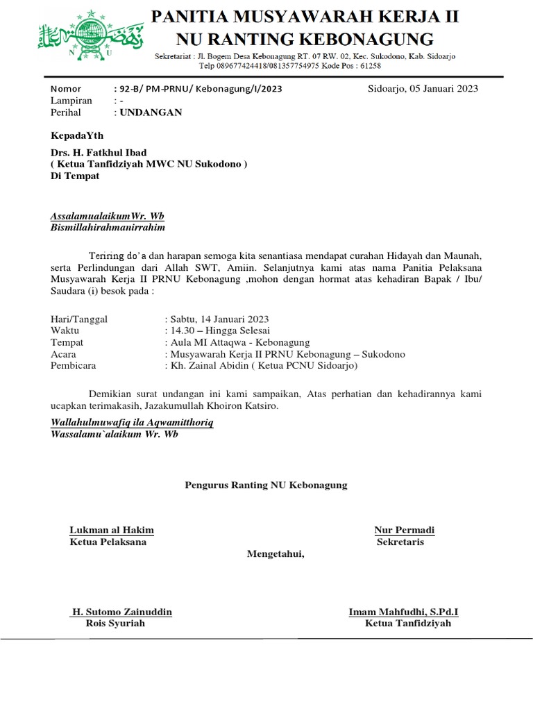 Undangan Musker Tanfidziah MWC NU | PDF