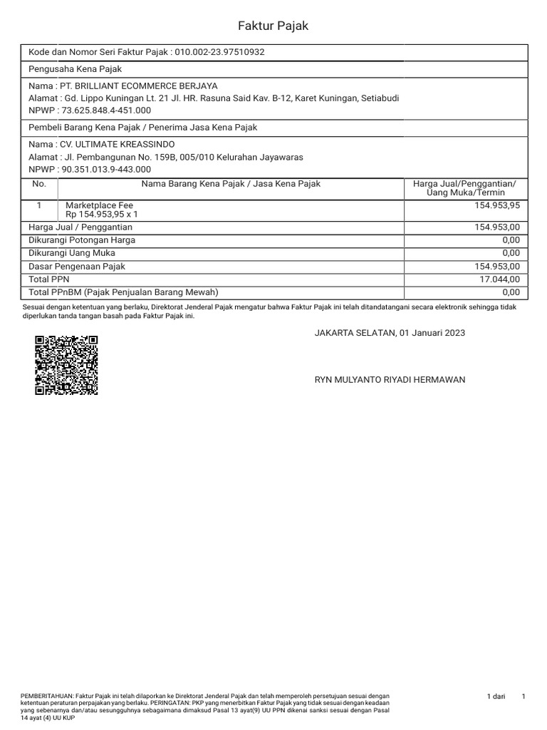 Faktur Pajak Mbis 012023 | PDF