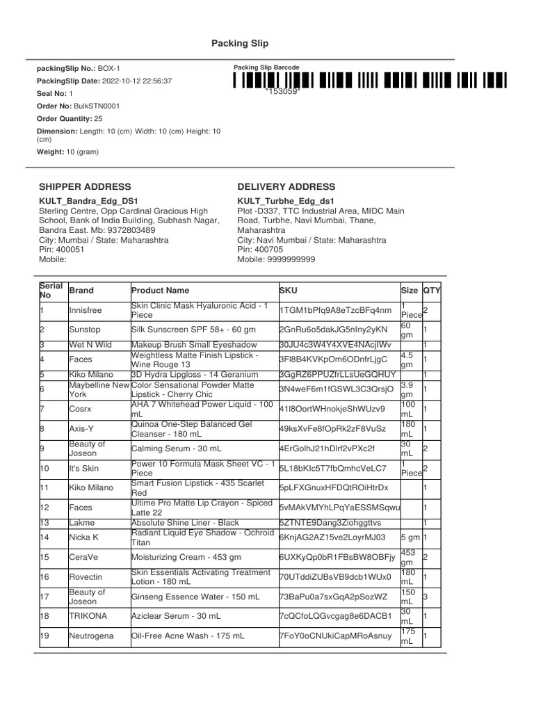 Packing Slip: KULT - Bandra - Edg - DS1 KULT - Turbhe - Edg - ds1 | PDF | Skin Care | Skin
