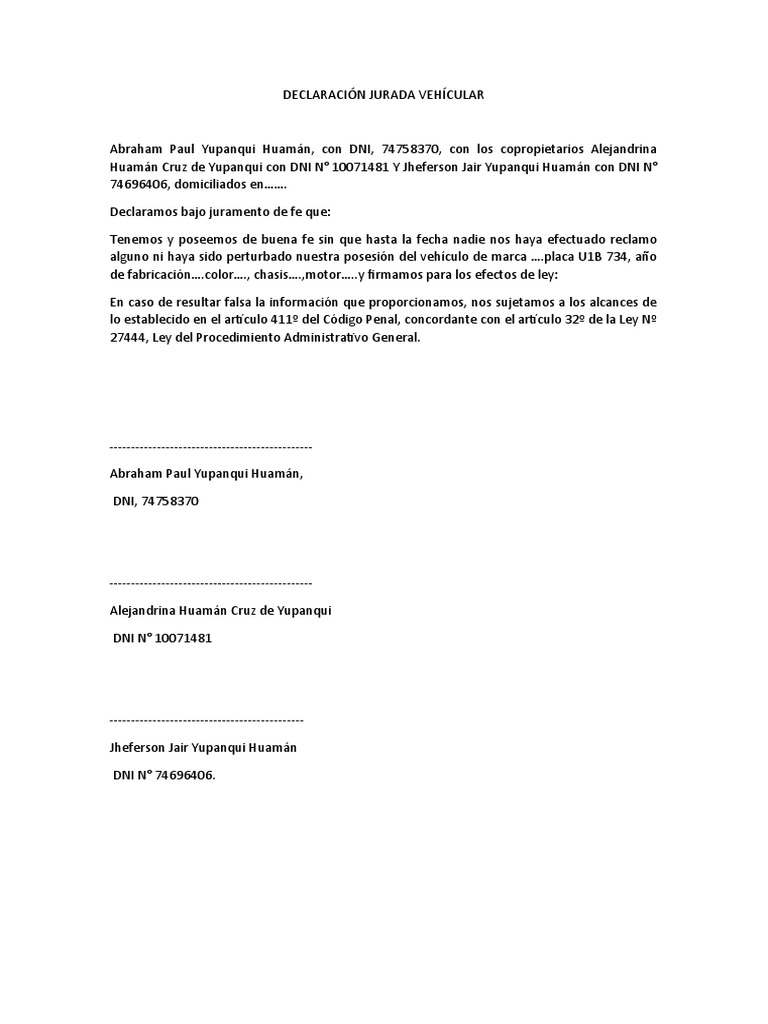 Declaración Jurada Vehícular | PDF