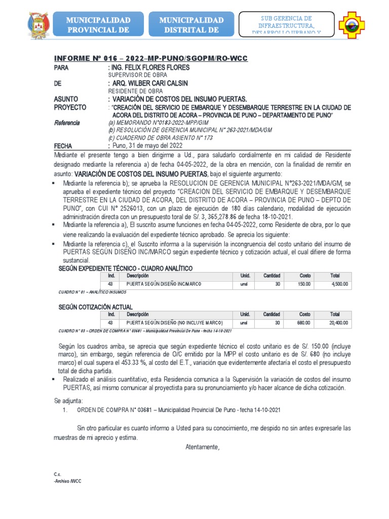 INFORME N - 016 - Comunica Variacion de Costos - Puertas | PDF