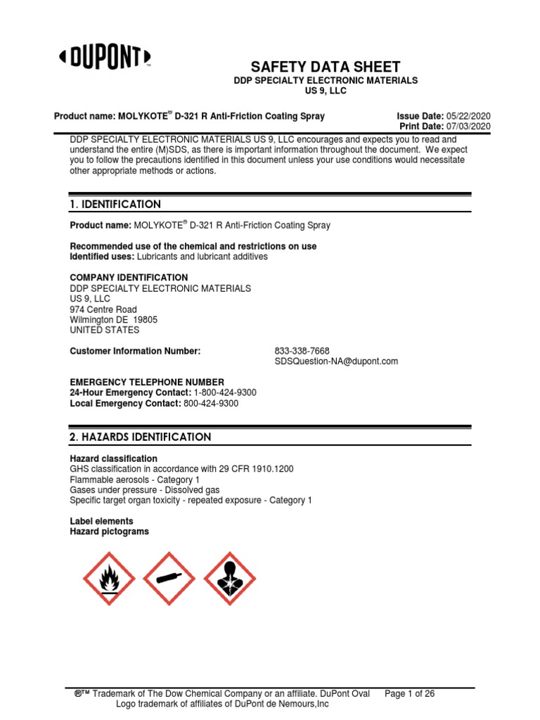 Sds Molykote R D-321-R-Anti-Friction Coating Spray Us 2020 | PDF ...