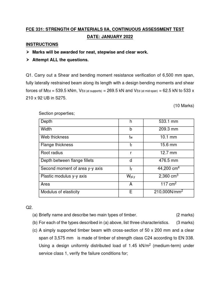 FCE 331 Strength of Materials IIA CAT, January 2022 | PDF | Bending ...