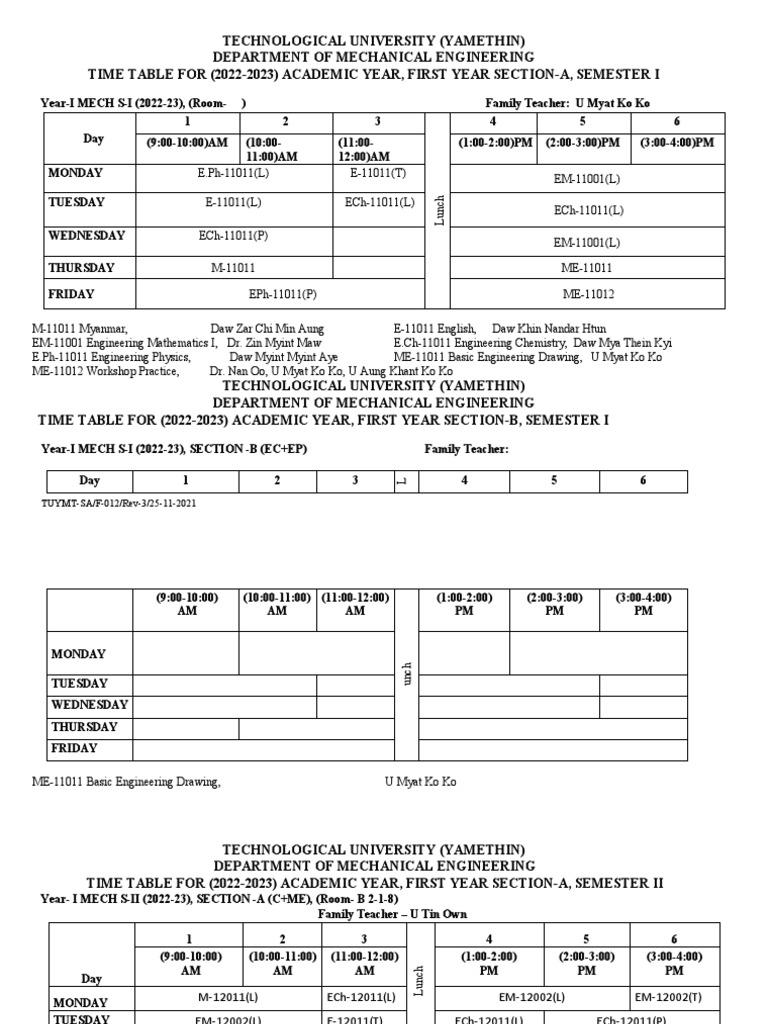 Mech Timetable (2022-23) | PDF | Mechanical Engineering | Applied And Interdisciplinary Physics